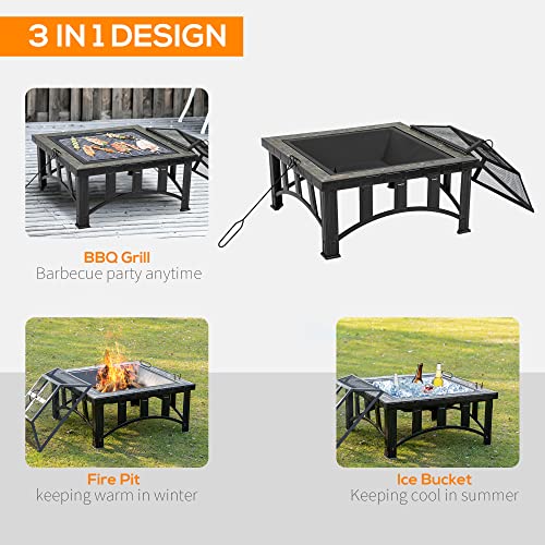 Outsunny 30" Outdoor Fire Pits, Square Steel Wood Burning Fire Pits with Spark Screen, Cooking Grill and Log Poker, Camping Fire Pit for Backyard, Patio