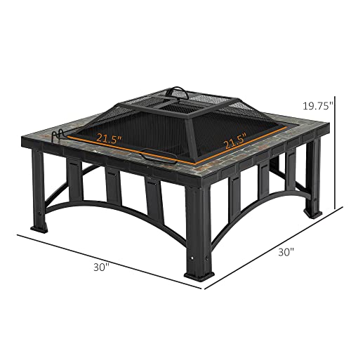 Outsunny 30" Outdoor Fire Pits, Square Steel Wood Burning Fire Pits with Spark Screen, Cooking Grill and Log Poker, Camping Fire Pit for Backyard, Patio