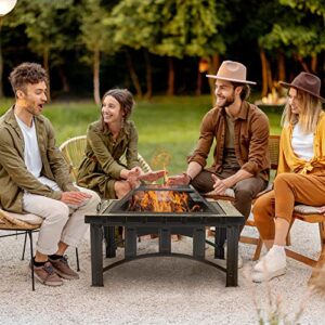 Outsunny 30" Outdoor Fire Pits, Square Steel Wood Burning Fire Pits with Spark Screen, Cooking Grill and Log Poker, Camping Fire Pit for Backyard, Patio