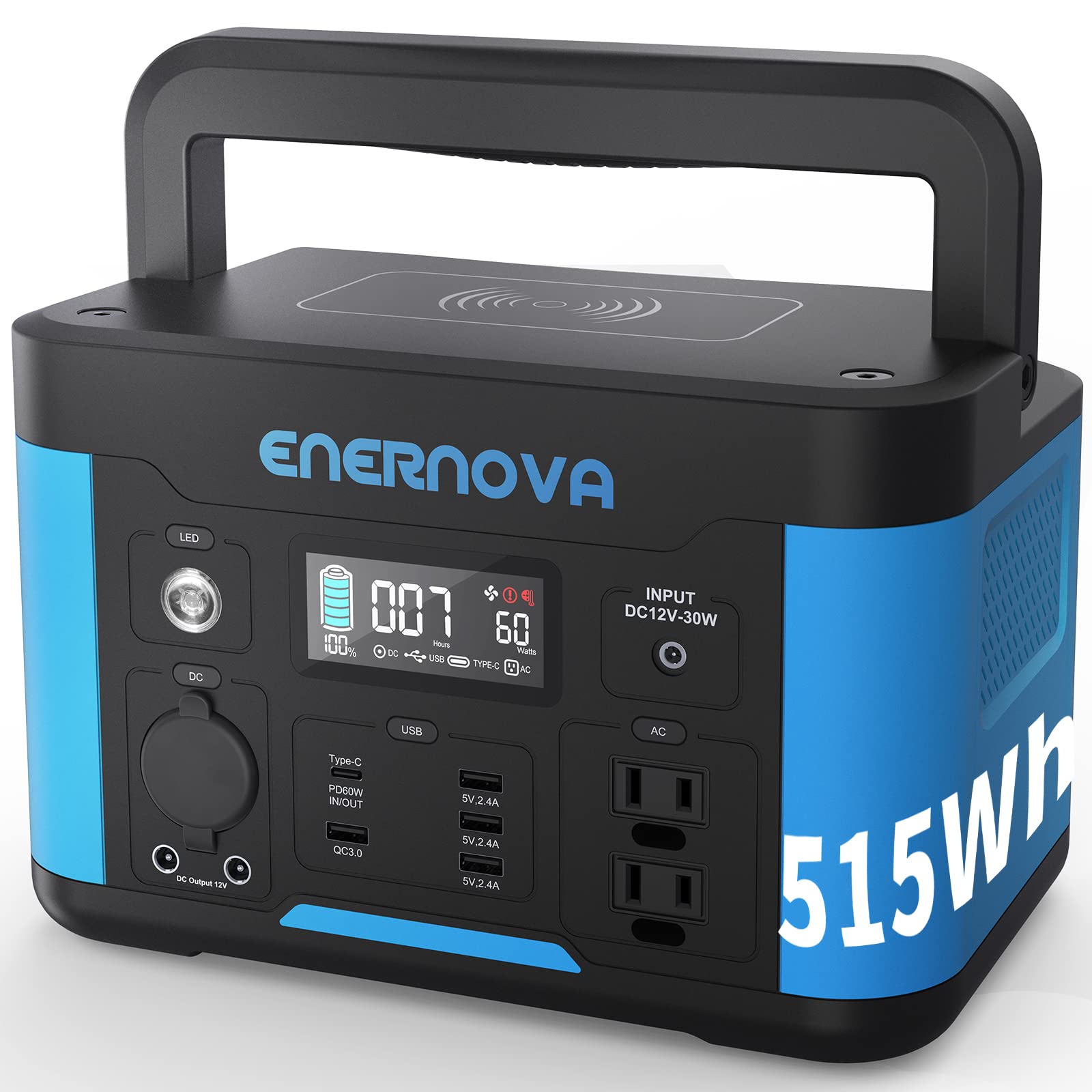 Enernova Portable Power Station 500W, 515Wh 2 AC Outlets Backup Lithium Battery,Solar Generator (Solar Panel Optional) for Outdoors Camping, Travel, Hunting, Emergency