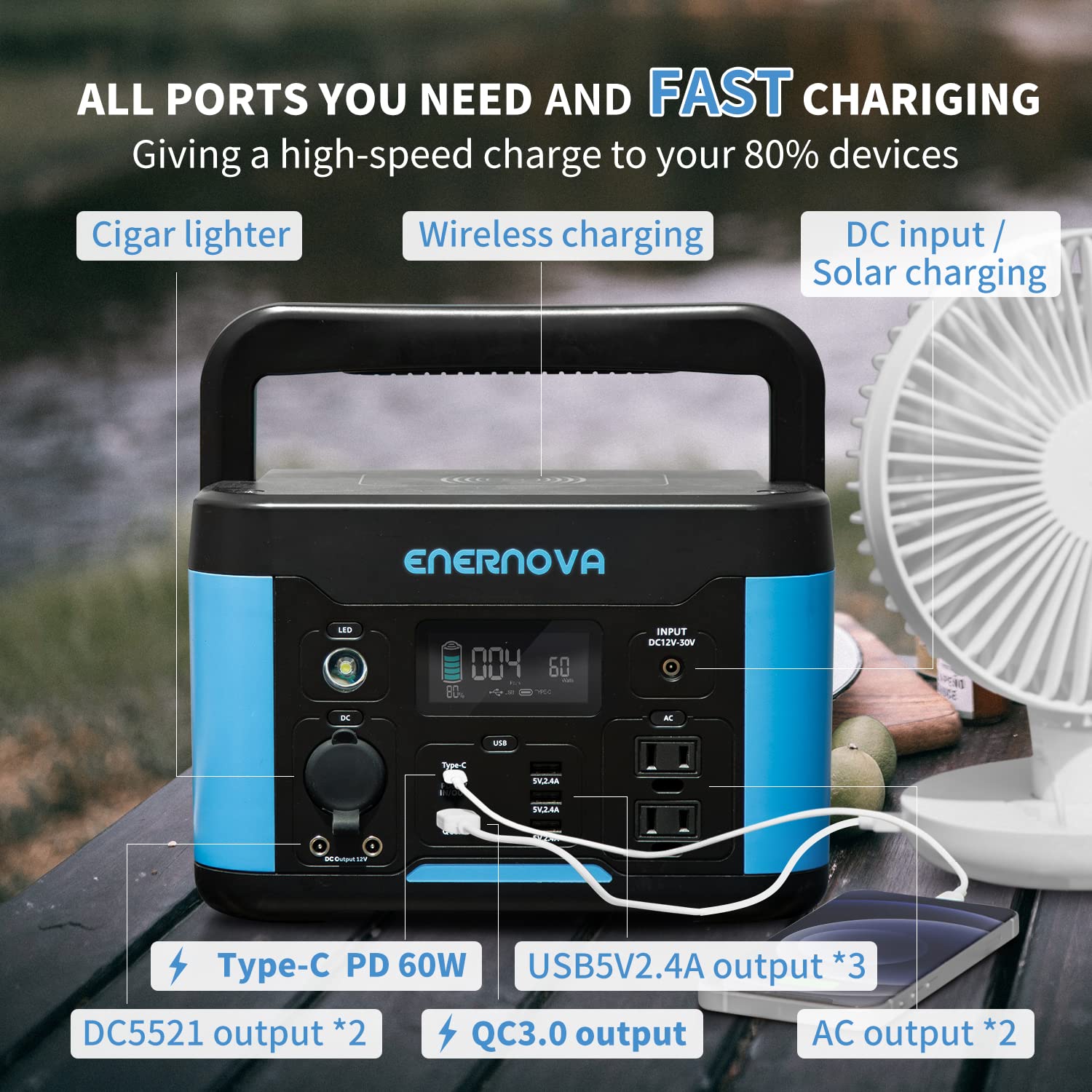 Enernova Portable Power Station 500W, 515Wh 2 AC Outlets Backup Lithium Battery,Solar Generator (Solar Panel Optional) for Outdoors Camping, Travel, Hunting, Emergency