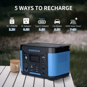 Enernova Portable Power Station 500W, 515Wh 2 AC Outlets Backup Lithium Battery,Solar Generator (Solar Panel Optional) for Outdoors Camping, Travel, Hunting, Emergency