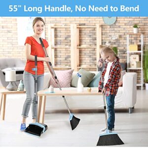 Folews Broom and Dustpan Set Heavy Duty, 55 Inch Long Handle Broom and Dust Pan Commercial Large Broom with Dustpan Combo Set Upright Dustpan Broom for Lobby Home Kitchen Outdoor Indoor - Blue