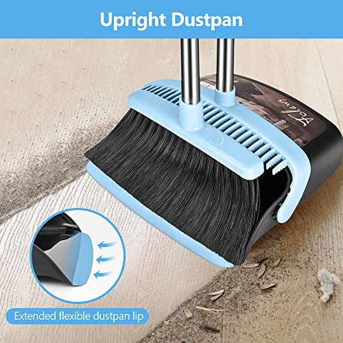 Folews Broom and Dustpan Set Heavy Duty, 55 Inch Long Handle Broom and Dust Pan Commercial Large Broom with Dustpan Combo Set Upright Dustpan Broom for Lobby Home Kitchen Outdoor Indoor - Blue