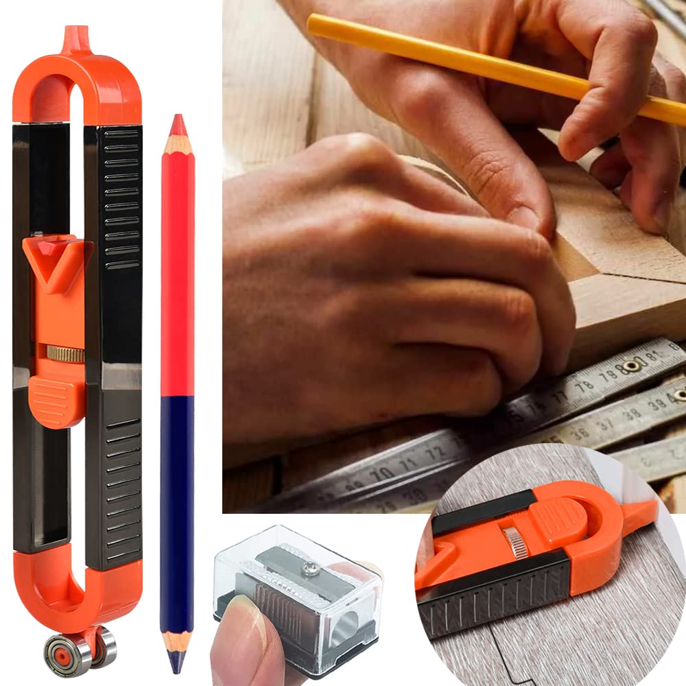 Contour Gauge Scribe Profile Tool with 2-Color Pencil and Sharpener, Gadgets for Woodworking, Van Conversion, Construction Carpenter Transfer The Outline onto Your Material with Speed and Accuracy