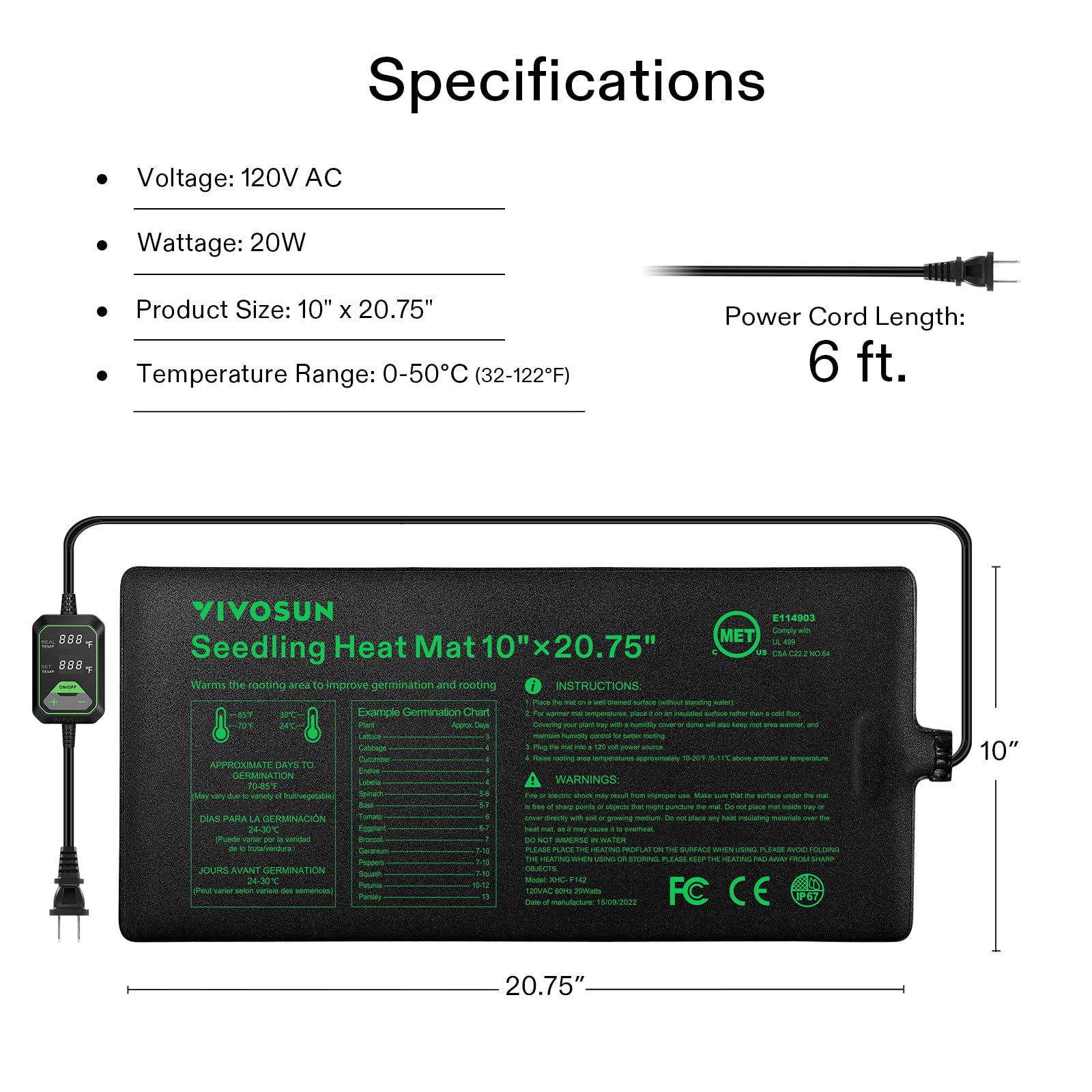 VIVOSUN 10"x20.75" Seedling Heat Mat with Built-in Temperature Controller, UL & MET-Certified Waterproof Plant Heating Pad for Germination, Hydroponics, Brewing, Breeding, and Greenhouses