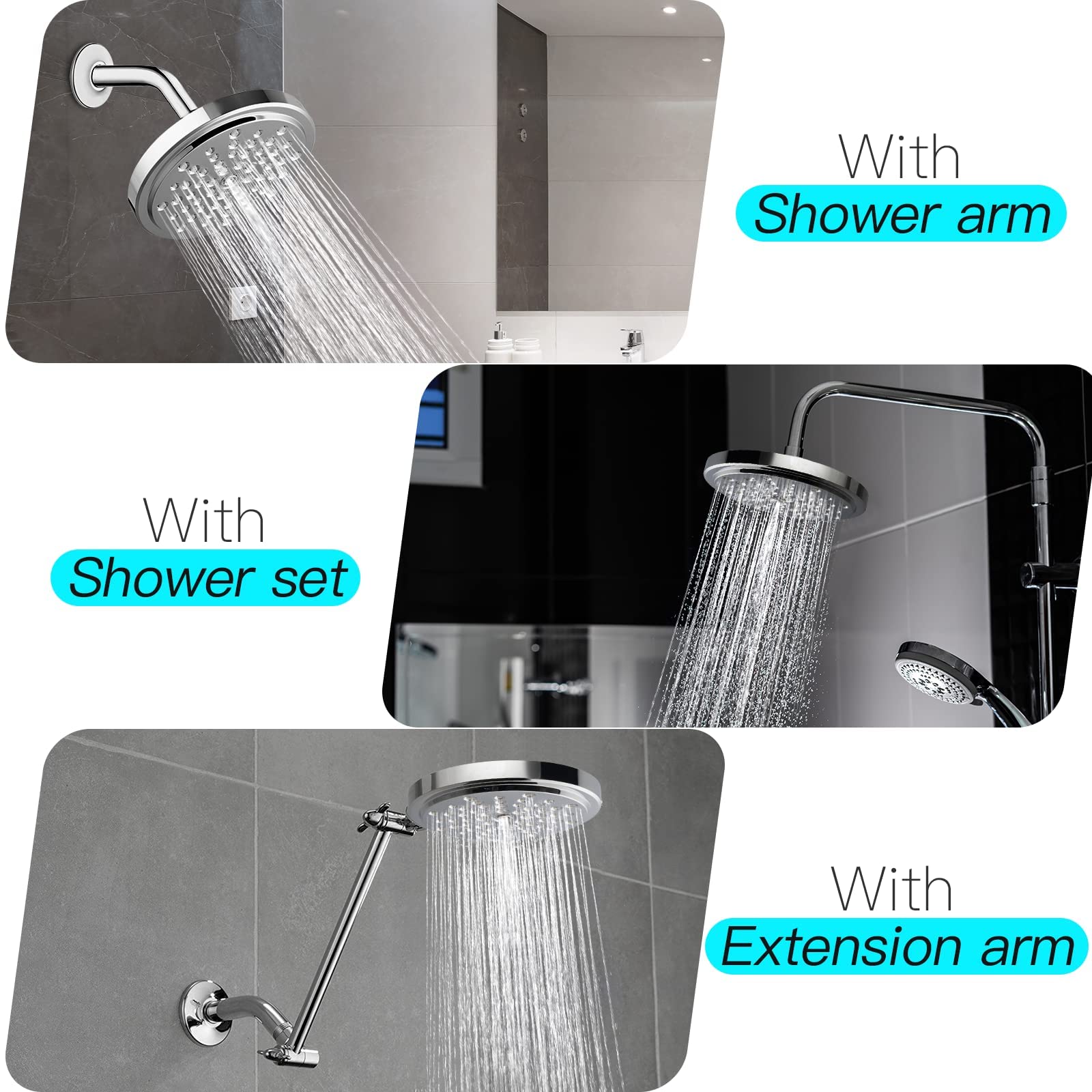 HOPOPRO High Flow Shower Head - High Pressure Rain - 7 Inch Rainfall Spray Shower Head - Tool-less 1-Min Installation - Adjustable Bathroom Shower Head Replacement with Luxury Modern Chrome Look