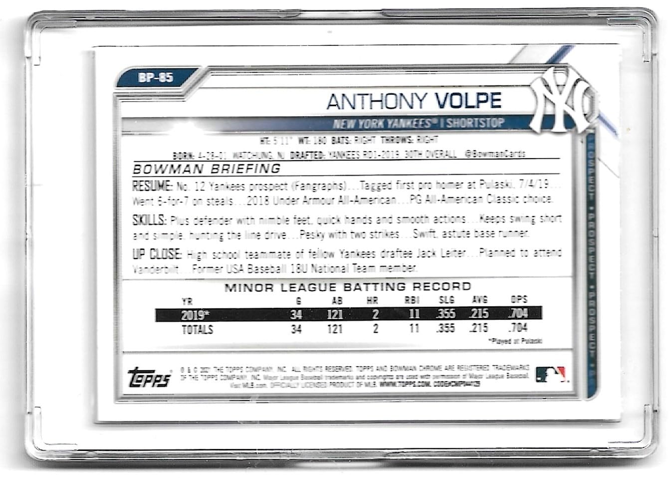 2021 Bowman Prospects #BP-85 Anthony Volpe New York Yankees Baseball NM-MT