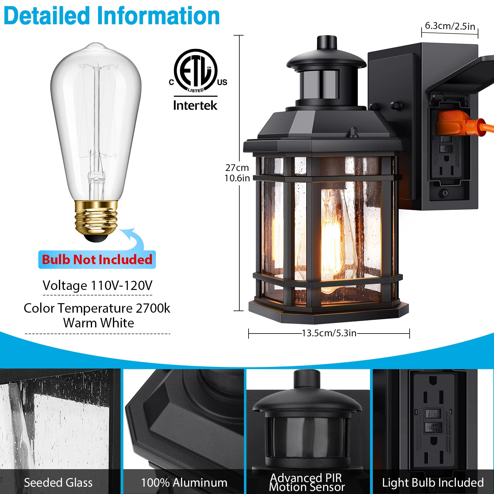 VDKK Porch Lights with GFCI Outlet, 3 Lighting Modes Motion Sensor Wall Light for House, Waterproof Aluminum Anti-Rust Dusk to Dawn Outside Exterior Light Fixture for Garge Doorway (Not Included Bulb)