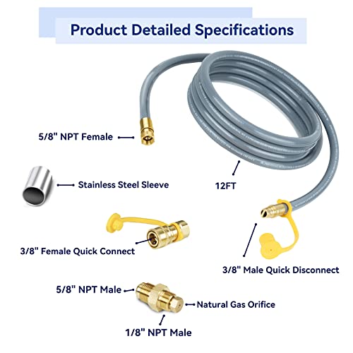 Skyflame 1/2" ID Natural Gas Conversion Hose Kit (12FT) with Quick Connect/Disconnect Fittings for BBQ, Grill, Fire pit, Pizza Oven, Patio Heater and More NG Appliance, 50K BTU