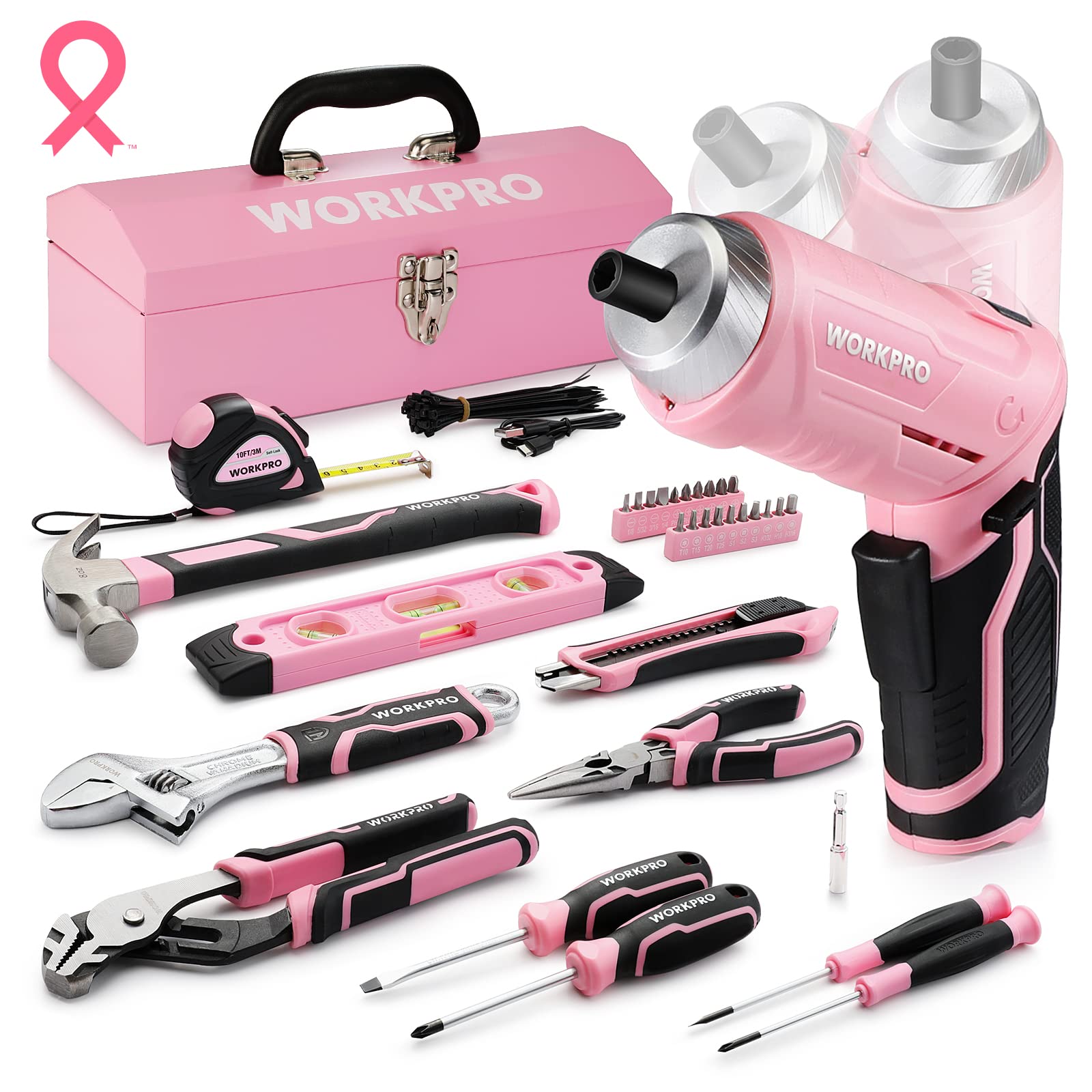 WORKPRO 75-Piece Pink Tools Set, 3.7V Rotatable Cordless Screwdriver and Household Tool Kit, Basic Tool Set with 13'' Portable Steel Tool Box for Home, Garage, Apartment, Dorm, New House - Pink Ribbon