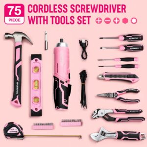 WORKPRO 75-Piece Pink Tools Set, 3.7V Rotatable Cordless Screwdriver and Household Tool Kit, Basic Tool Set with 13'' Portable Steel Tool Box for Home, Garage, Apartment, Dorm, New House - Pink Ribbon