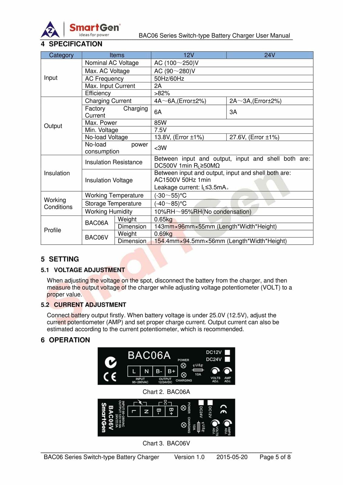 RaeSung Smartgen BAC06A Diesel Generator Battery Charger 24V Intelligent Floating Charger