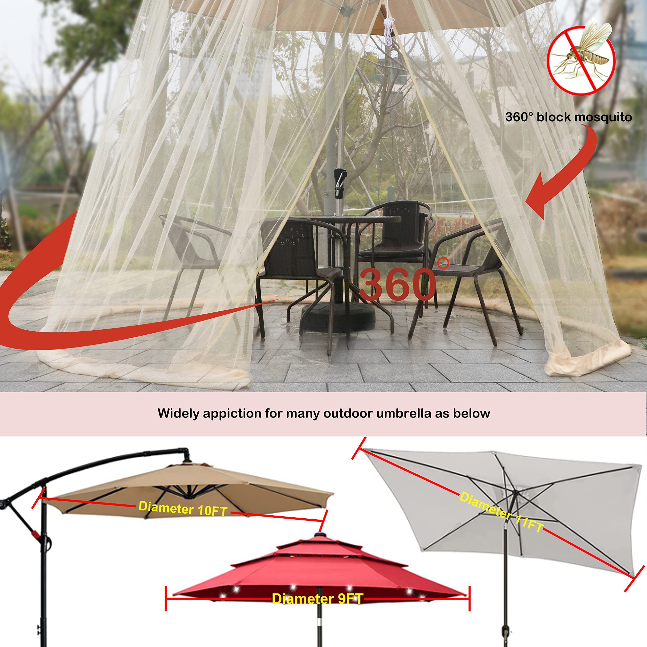 Umbrella Mosquito Netting for Patio Umbrella Canopy Curtains Polyester Netting Screen Mesh Net for Patio Umbrella Cover Net Outdoor 9FT-10FT Bug Net for Outdoor Umbrellas Screen with Zipper Door and