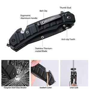 FLISSA Folding Pocket Knife, Tactical Knife with Liner Lock, Tanto Blade, Pocket Clip, Glass Breaker, Seatbelt Cutter, Perfect for Hunting, Camping, Survival