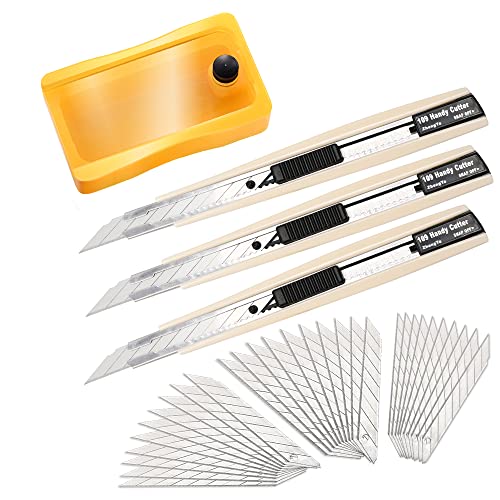 NEWISHTOOL 3 Pcs Retractable Paper Cutting Knife + 30 Pcs Snap Off 9mm Replacement Blades + 1 Pc Blade Breaker Disposal Container Box Tool