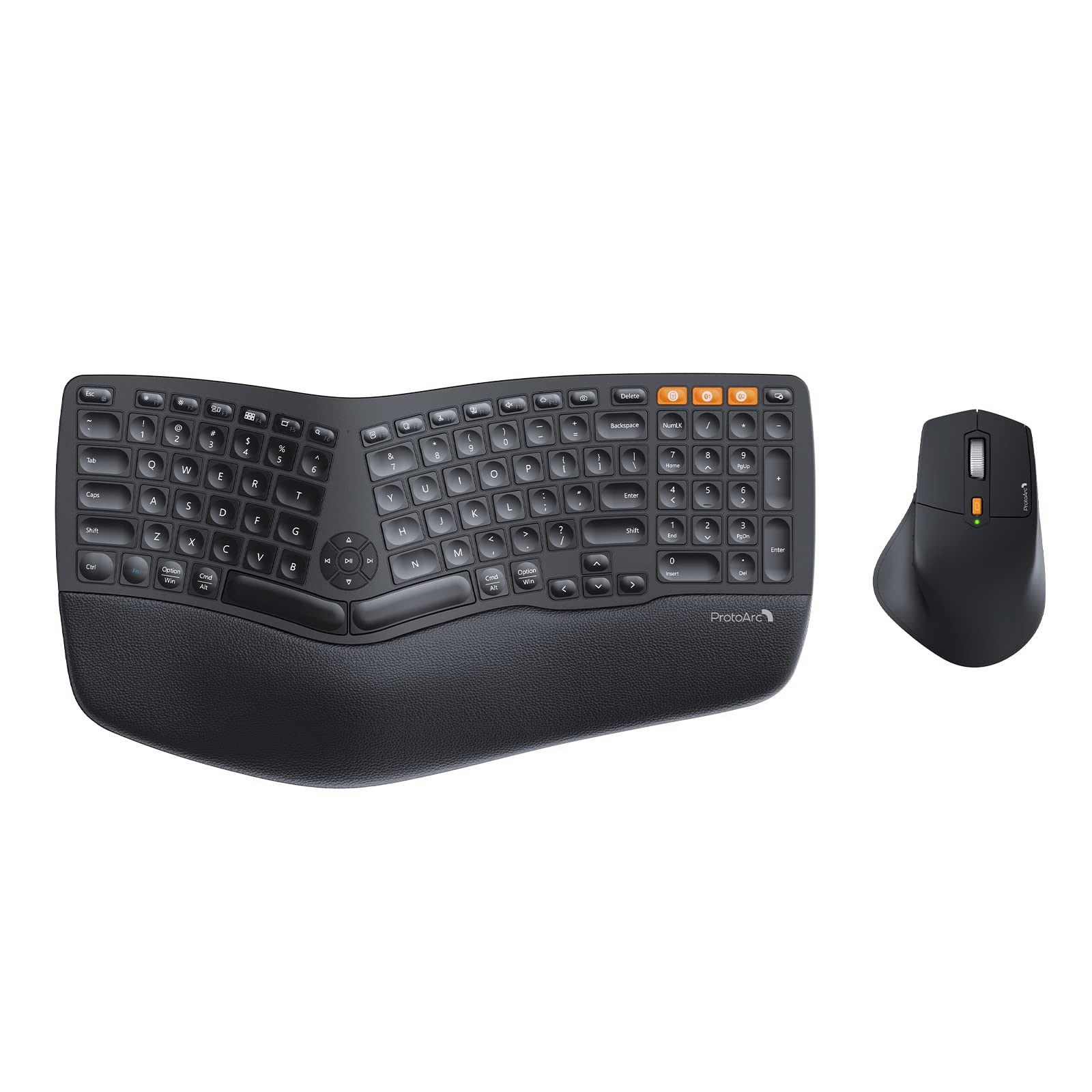 ProtoArc Ergonomic Wireless Keyboard Mouse, EKM01 Ergo Bluetooth Keyboard and Mouse Combo, Split Design, Palm Rest, Multi-Device, Rechargeable, Windows/Mac/Android (Black)