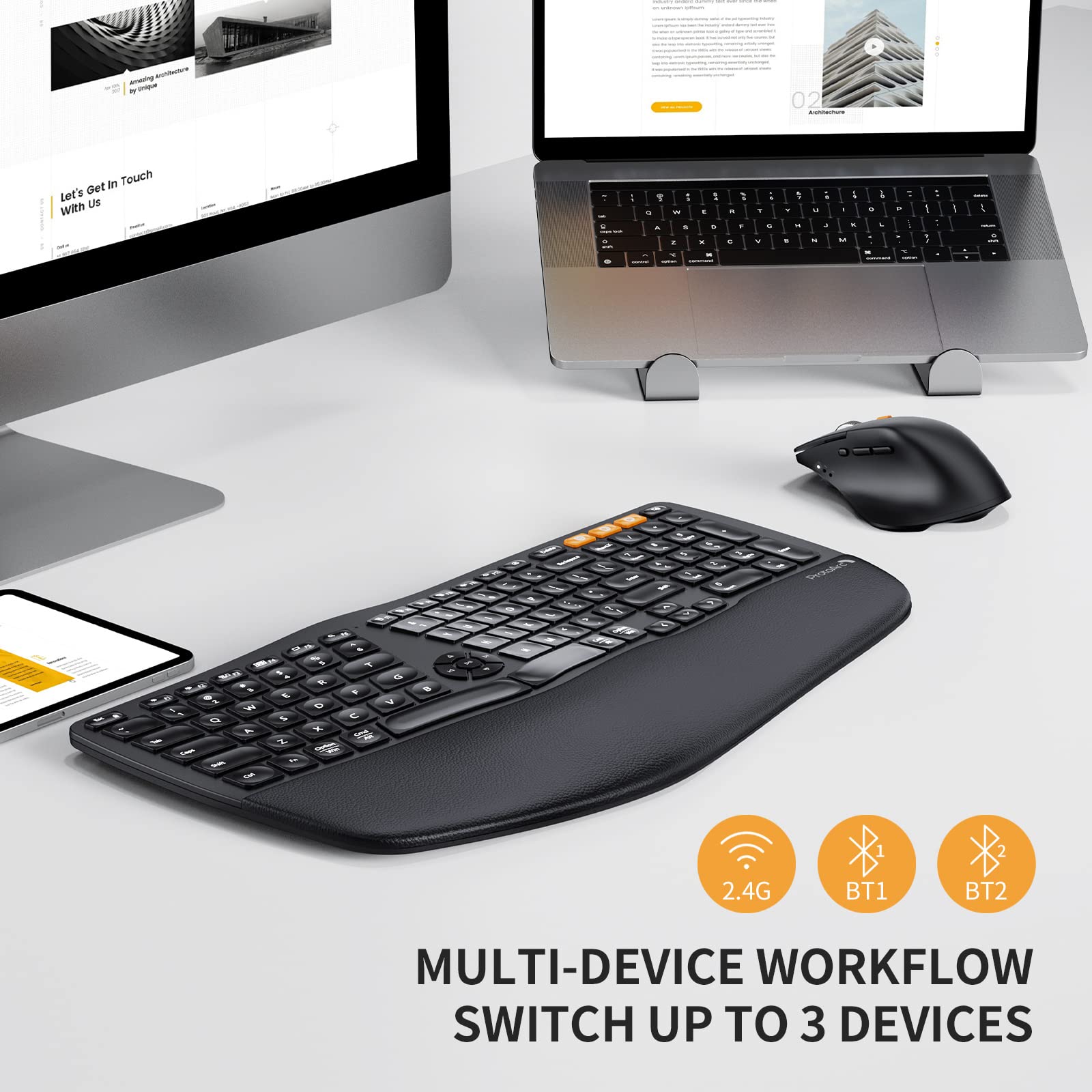 ProtoArc Ergonomic Wireless Keyboard Mouse, EKM01 Ergo Bluetooth Keyboard and Mouse Combo, Split Design, Palm Rest, Multi-Device, Rechargeable, Windows/Mac/Android (Black)