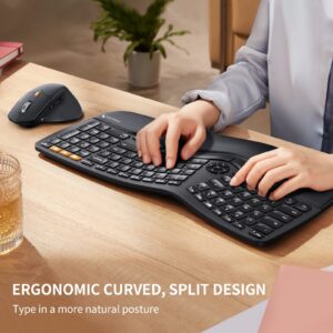 ProtoArc Ergonomic Wireless Keyboard Mouse, EKM01 Ergo Bluetooth Keyboard and Mouse Combo, Split Design, Palm Rest, Multi-Device, Rechargeable, Windows/Mac/Android (Black)