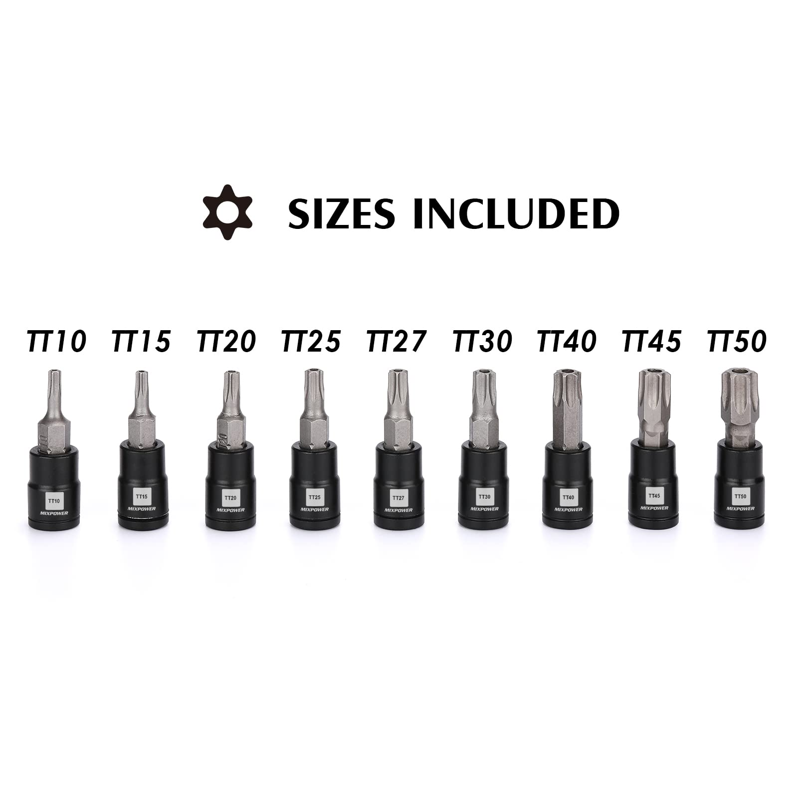 MIXPOWER 9 Pieces 1/4" Drive Torx Bit Socket Set, Tamper-Proof Torx Bit Sockets, CR-V Sockets & S2 Steel Bits, TT10 - TT50