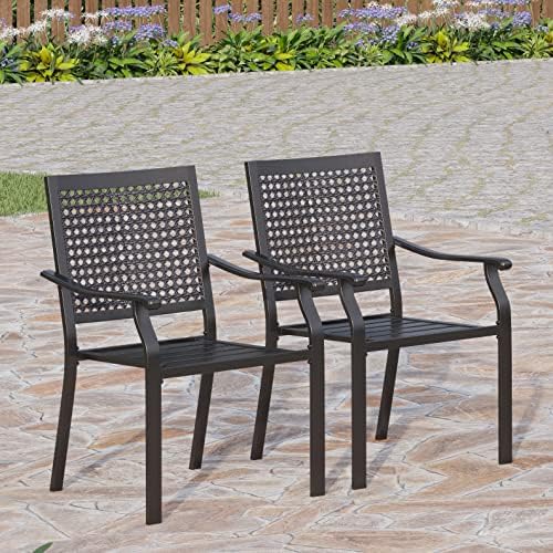 PHI VLLA Black Metal Patio Stacking Chairs Wave Back Indoor Outdoor Dining Set Wrought Iron Chair with Arm, Set of 2