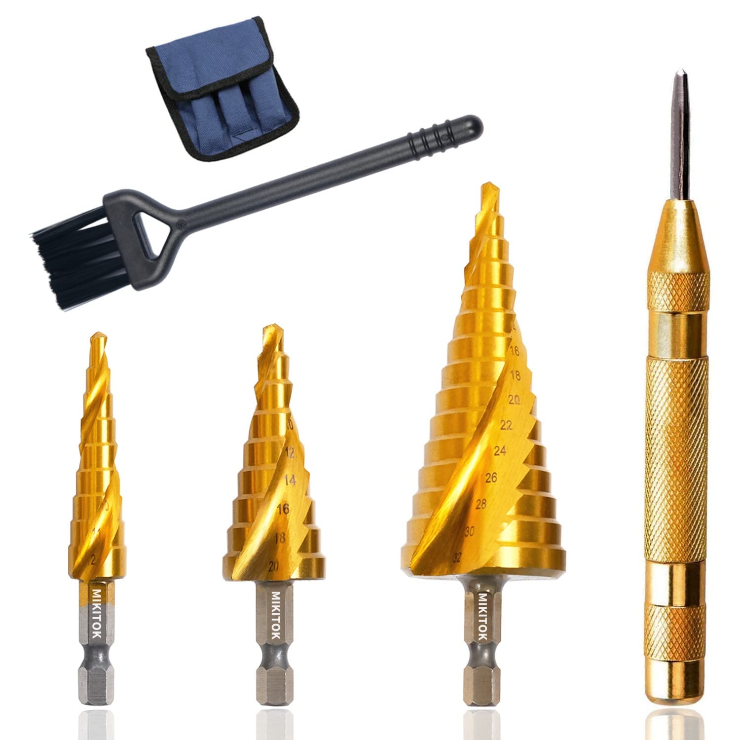 Step Drill Bit Set for Metal, MiKiTok(6Pcs) HSS Unibit Metric Step Drill Bit Set for Steel，Plastic, Wood, Sheet Metal Hole Drilling with Center Punch and Cleaning Brush(4-12/4-20/4-32mm)