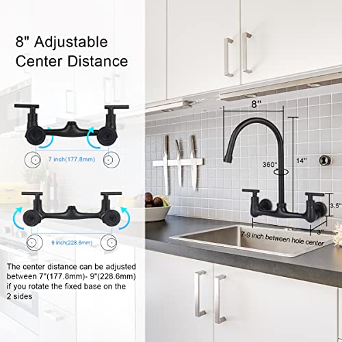 RWUSNX Commercial Wall Mount Kitchen Faucet with 8" Gooseneck Swivel Spout, 8 Inch Center Commercial Sink Faucet for Backsplash Mount Restaurant Kitchen Chrome Finish