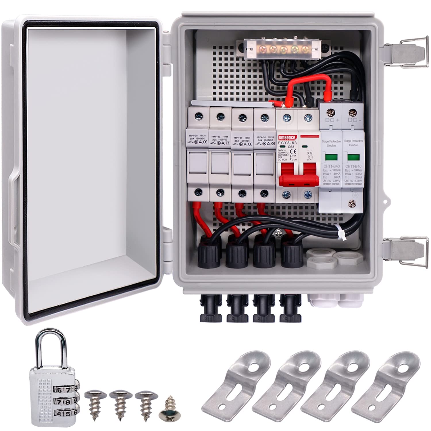 Taiss 2016PCS Electronics Components Kit Assortment +PV Combiner Box 4 String with 15A Rated Current Fuse Circuit Breaker Lightning Arreste and Solar Panel Cable Connectors Solar Combiner Box