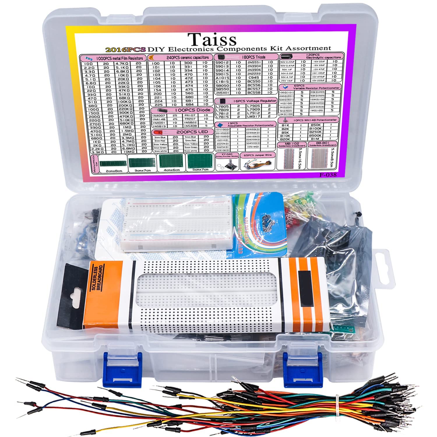 Taiss 2016PCS Electronics Components Kit Assortment +PV Combiner Box 4 String with 15A Rated Current Fuse Circuit Breaker Lightning Arreste and Solar Panel Cable Connectors Solar Combiner Box