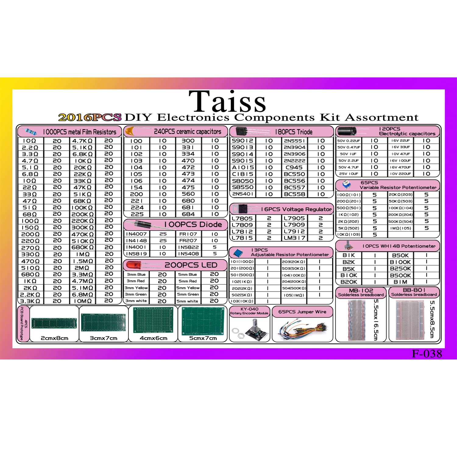 Taiss 2016PCS Electronics Components Kit Assortment +PV Combiner Box 4 String with 15A Rated Current Fuse Circuit Breaker Lightning Arreste and Solar Panel Cable Connectors Solar Combiner Box