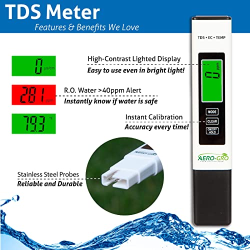 AERO-GRO Digital 4-in-1 Water Quality Testing Kit - High Accuracy Digital pH/TDS/EC/Temp Pen Set Perfect for Hydroponics, Pools, Koi Ponds, Drinking Water, Wine/Beer Making, Hot Tub, Spa, Aquarium