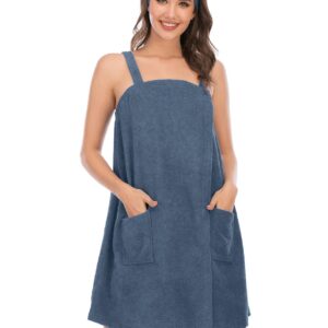 Women’s Terry Cloth Bath Towel Wrap with Adjustable Closure Elastic Robe & Facial Strap (M,Grey Blue)