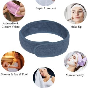 Women’s Terry Cloth Bath Towel Wrap with Adjustable Closure Elastic Robe & Facial Strap (M,Grey Blue)