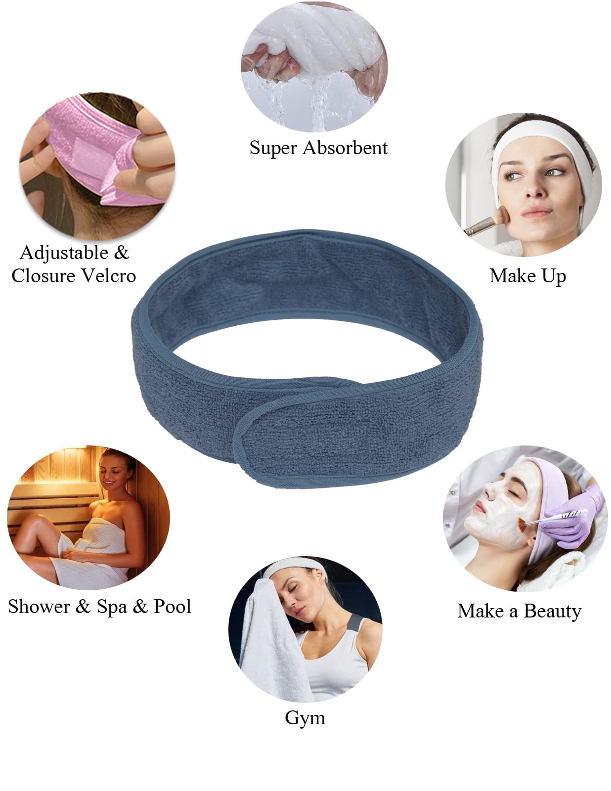 Women’s Terry Cloth Bath Towel Wrap with Adjustable Closure Elastic Robe & Facial Strap (M,Grey Blue)