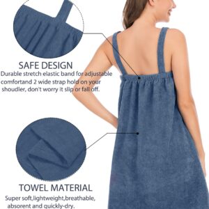 Women’s Terry Cloth Bath Towel Wrap with Adjustable Closure Elastic Robe & Facial Strap (M,Grey Blue)