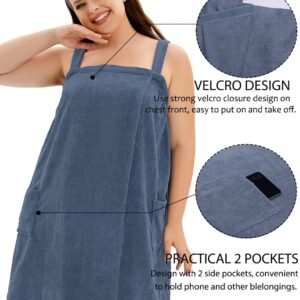 Women’s Terry Cloth Bath Towel Wrap with Adjustable Closure Elastic Robe & Facial Strap (M,Grey Blue)