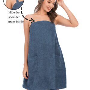 Women’s Terry Cloth Bath Towel Wrap with Adjustable Closure Elastic Robe & Facial Strap (M,Grey Blue)