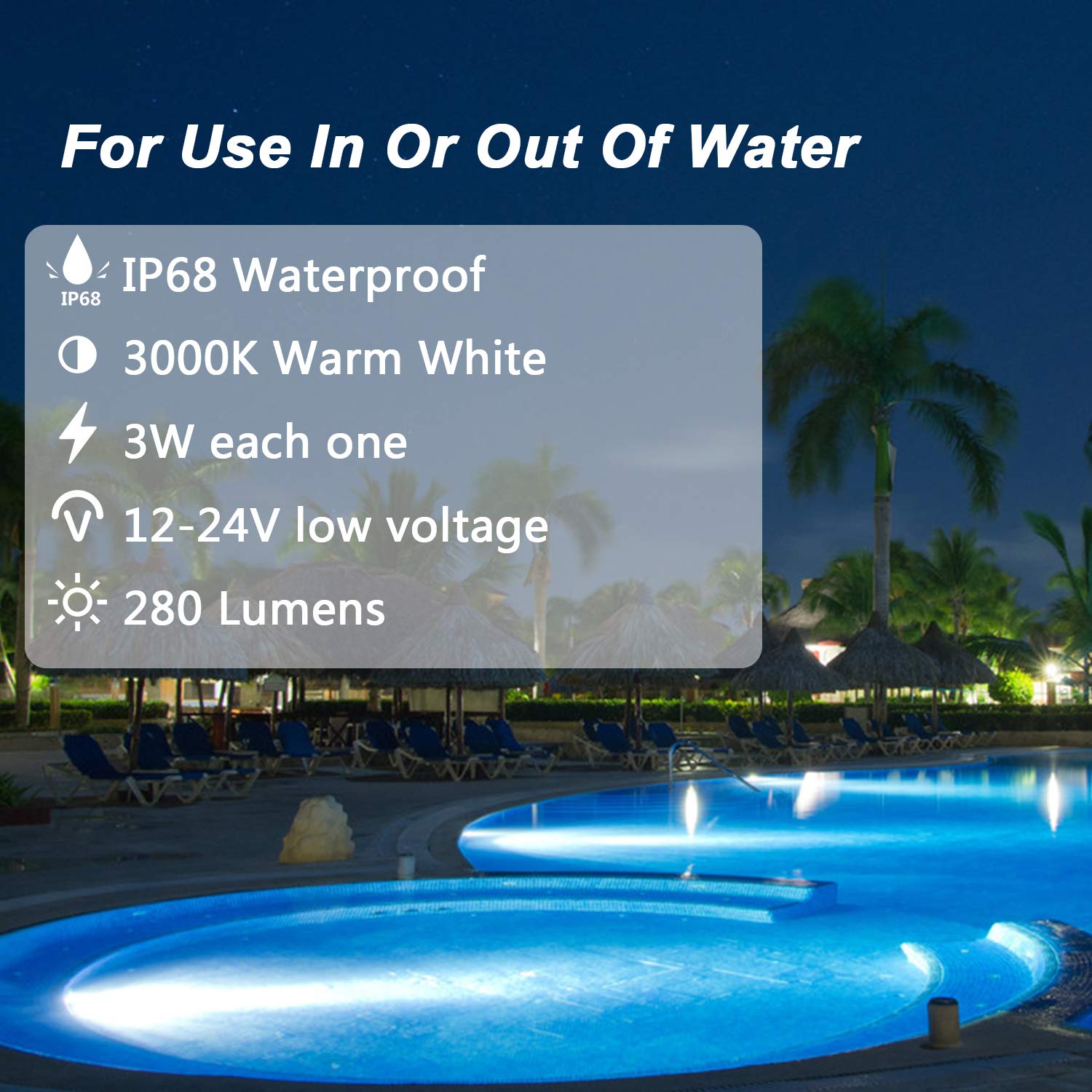 ATCD Waterproof Swimming Pool Lights 3W LED Underwater Light, Works at 12V-24VDC, 4 Packs IP68 Low Voltage In-Ground Lights for Pools Ponds Waterfall Fountains, Warm White 3000K