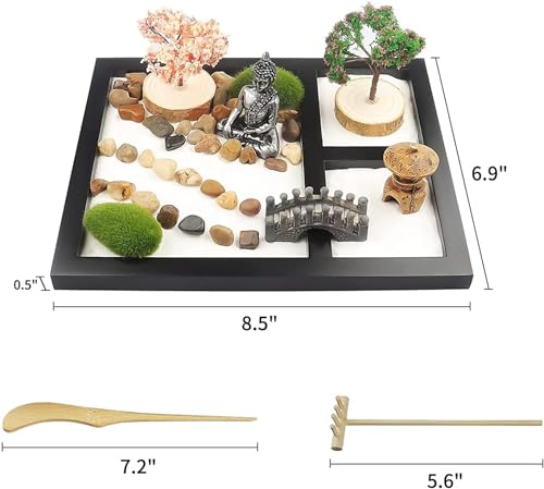 DinQ Meditation Japanese Zen Garden, Sand Garden Tools Accessories Box Set, Suitable for Home Office Desk Bonsai Decoration