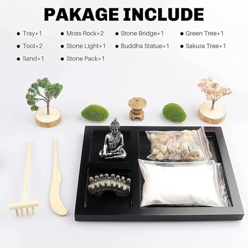 DinQ Meditation Japanese Zen Garden, Sand Garden Tools Accessories Box Set, Suitable for Home Office Desk Bonsai Decoration