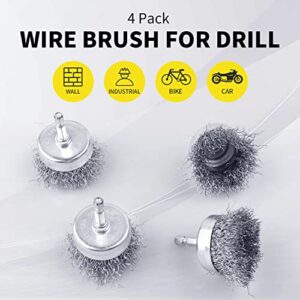 4 Pcs Wire Cup Brush Set for Drill, WENORA Wire Brush for Drill 1/4 Inch Hex Shank, 0.010 Inch Coarse Carbon Steel Drill Wire Brush, Wire Brush Drill Attachments Rust Removal