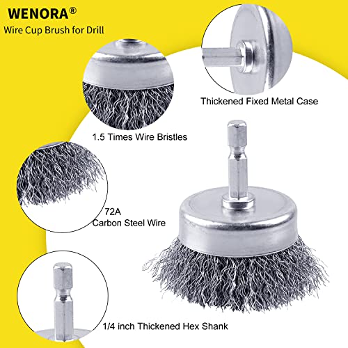 4 Pcs Wire Cup Brush Set for Drill, WENORA Wire Brush for Drill 1/4 Inch Hex Shank, 0.010 Inch Coarse Carbon Steel Drill Wire Brush, Wire Brush Drill Attachments Rust Removal