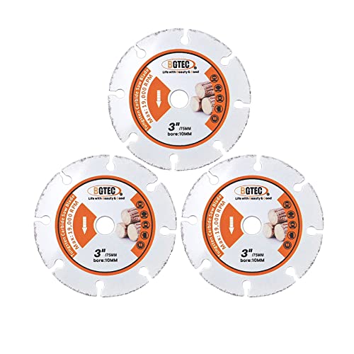 BGTEC Carbide Wood Cutting Disc,3pcs 3 Inch/75MM with 10MM Arbor Vacuum Brazed Carbide Cut-Off Wheel Blade for Wood Board, Gypsum Board, Rubber Pipe, Plastic