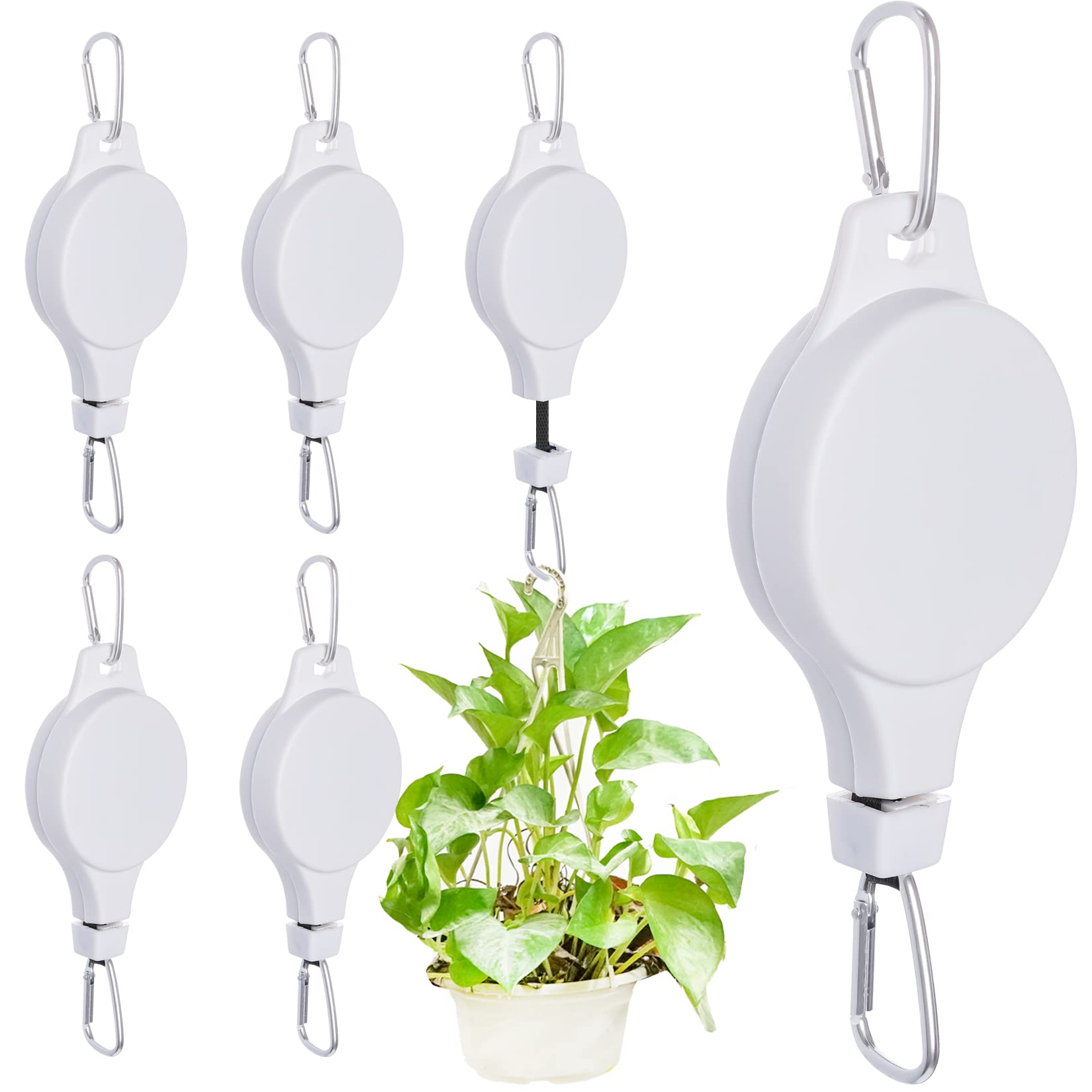 6 Pcs Plant Pulley Retractable Hanger, Easy Reach Plant Pulley Adjustable Height Wheel for Hanging Plants Heavy Duty Plant Hanger for Garden Baskets Pots & Birds Feeder - White