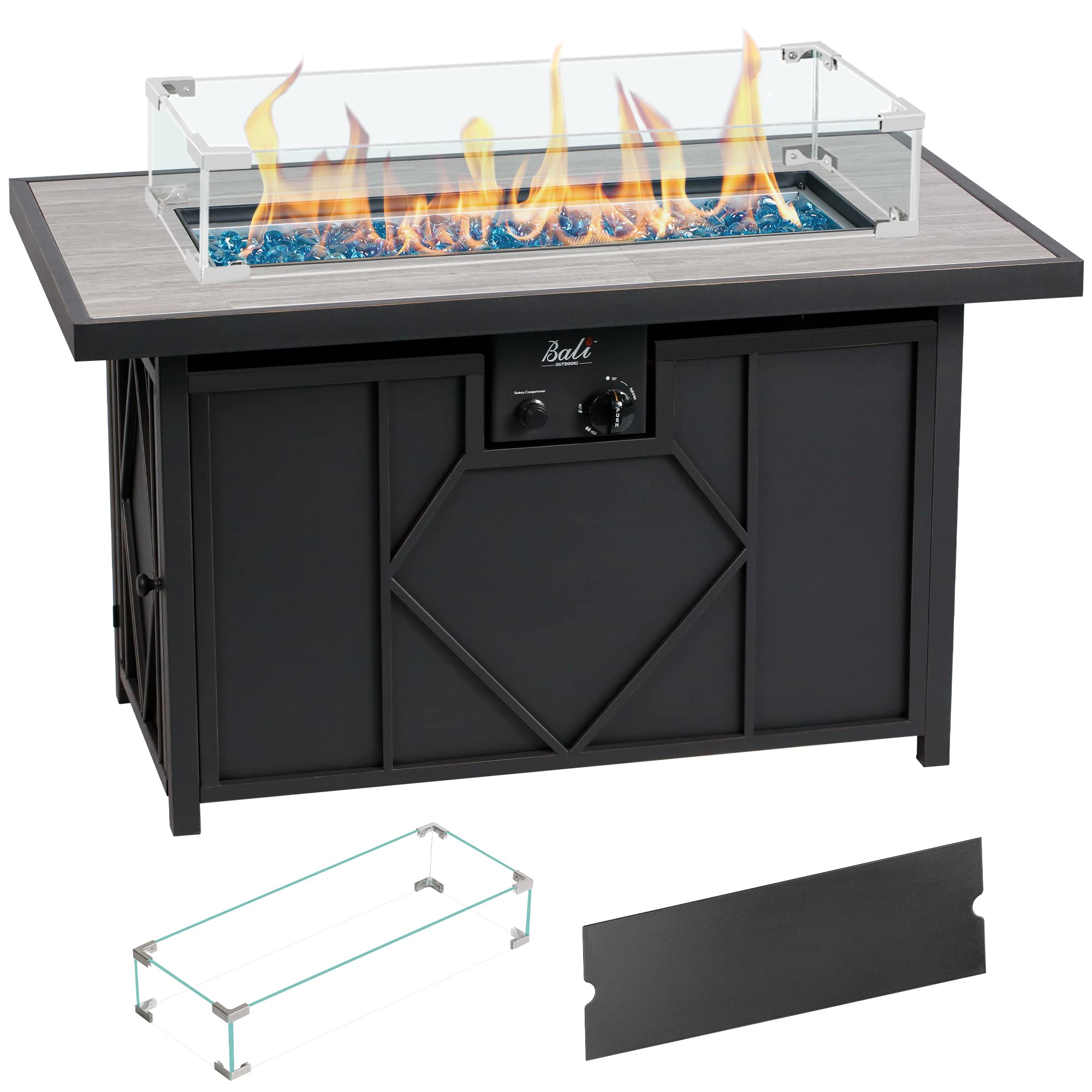 BALI OUTDOORS Propane Fire Pit Table, 42 inch 60,000 BTU Gas FirePit Table with Glass Wind Guard, Rectangular Fire Pit Outdoor Gas