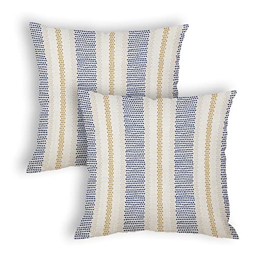 AlanRoye Outdoor Throw Pillow Covers Farmhouse Decorative 18x18inch Set of 2 Blue Yellow Grey Gray Gold Waterproof Stripe for Patio Garden Couch Neutral Beige Aesthetic Linen Modern Pillowcase