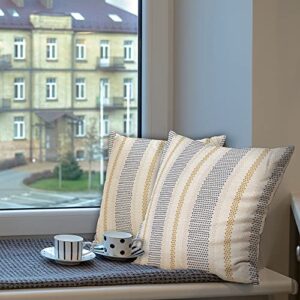 AlanRoye Outdoor Throw Pillow Covers Farmhouse Decorative 18x18inch Set of 2 Blue Yellow Grey Gray Gold Waterproof Stripe for Patio Garden Couch Neutral Beige Aesthetic Linen Modern Pillowcase