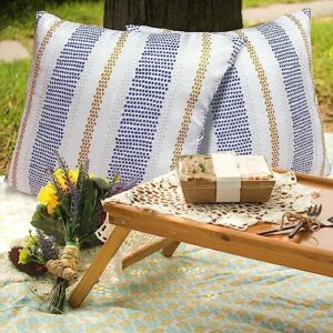 AlanRoye Outdoor Throw Pillow Covers Farmhouse Decorative 18x18inch Set of 2 Blue Yellow Grey Gray Gold Waterproof Stripe for Patio Garden Couch Neutral Beige Aesthetic Linen Modern Pillowcase