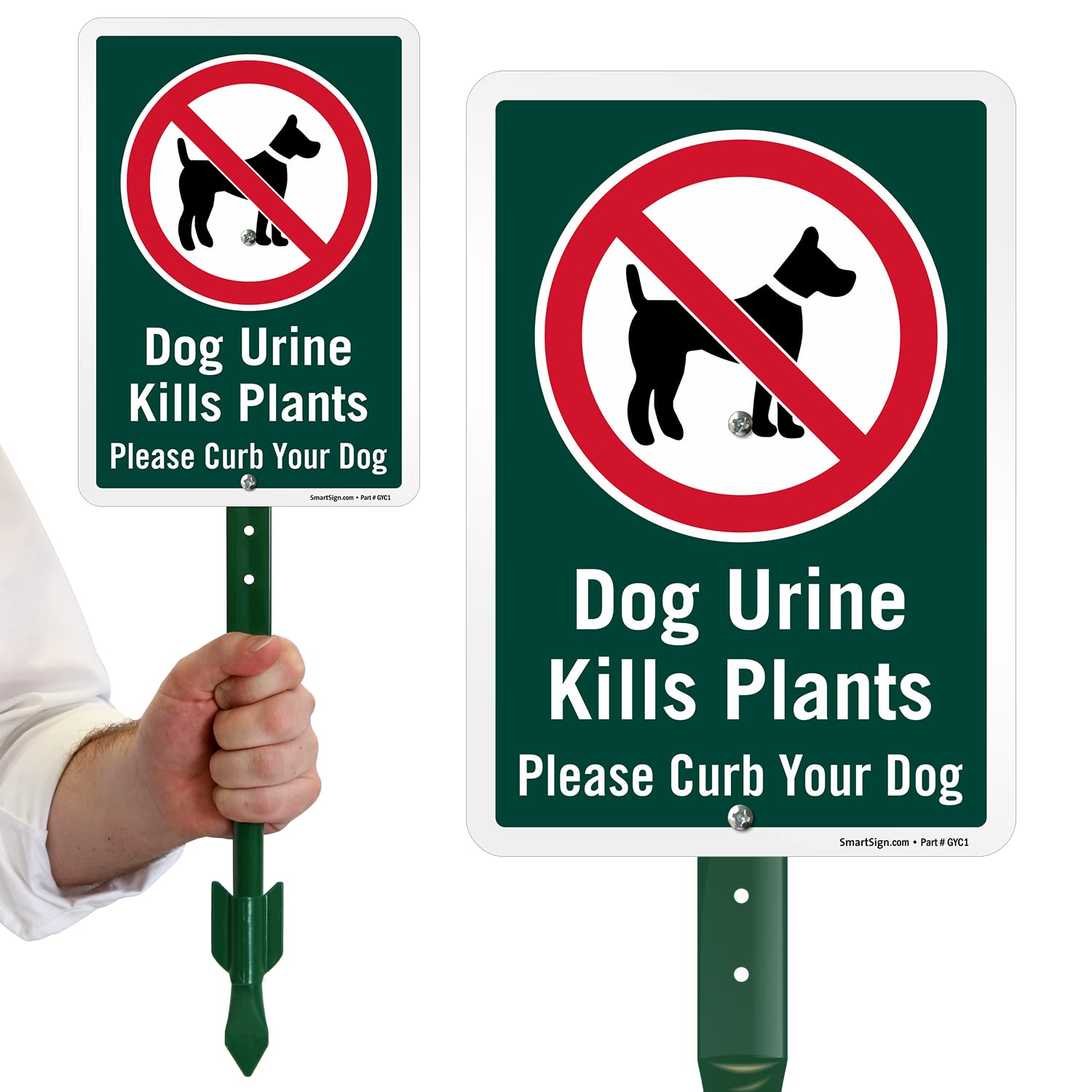 SmartSign 10 x 7 inch “Dog Urine Kills Plants, Please Curb Your Dog” LawnPuppy Yard Sign and 18 inch Stake Kit, 40 mil Laminated Rustproof Aluminum, Green and White, Set of 1