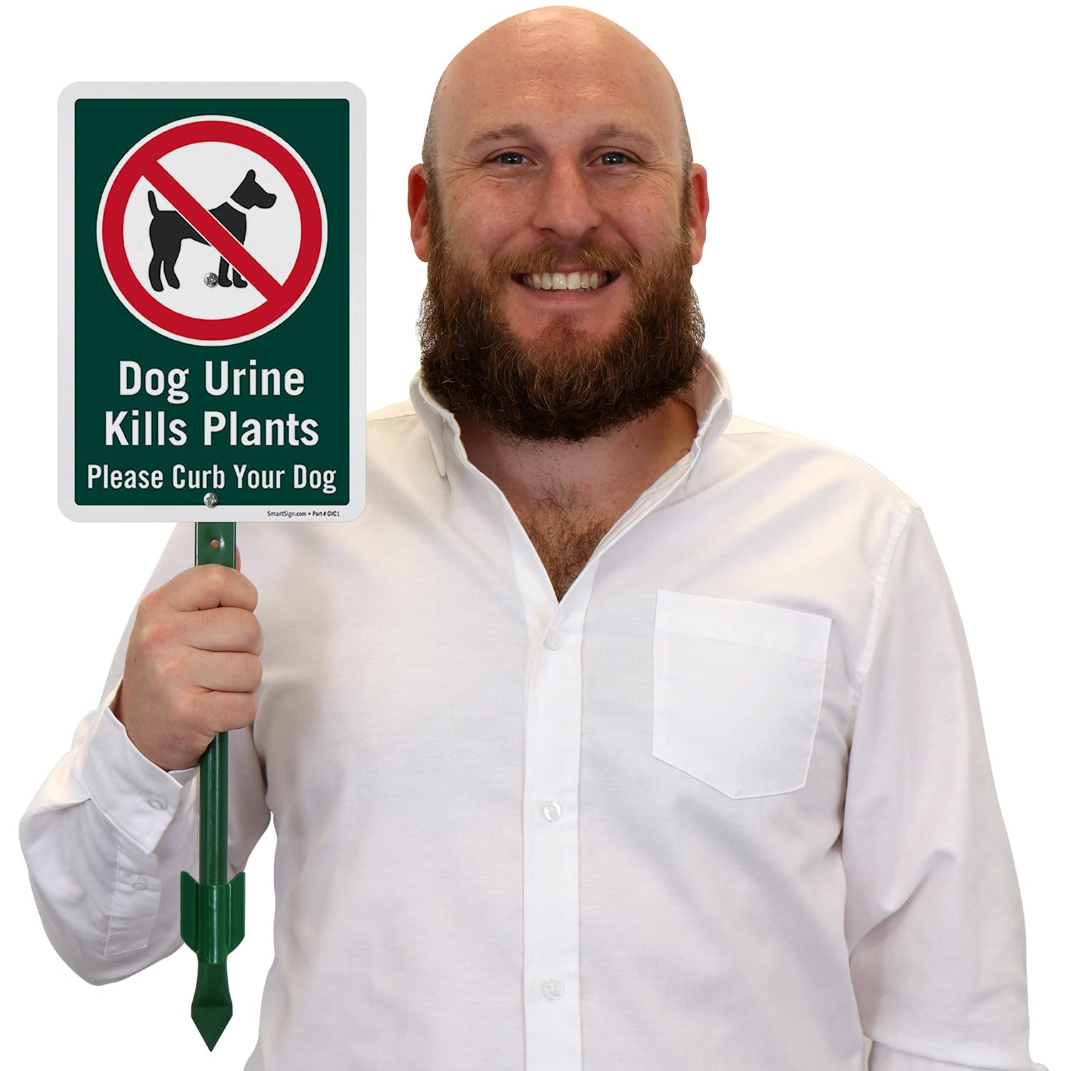 SmartSign 10 x 7 inch “Dog Urine Kills Plants, Please Curb Your Dog” LawnPuppy Yard Sign and 18 inch Stake Kit, 40 mil Laminated Rustproof Aluminum, Green and White, Set of 1